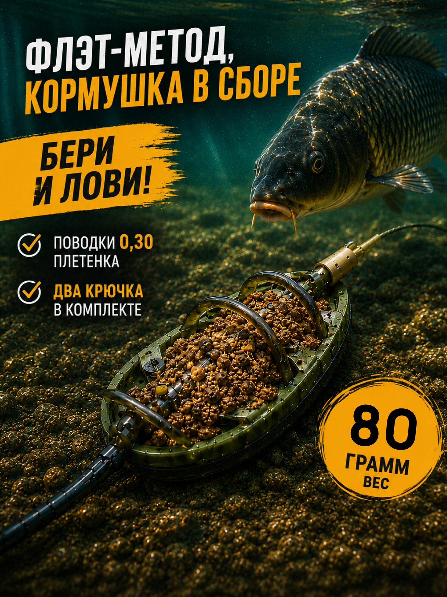 Оснастка Рыболовная / Кормушка готовая для рыбалки / Фидерный монтаж с флэт кормушкой 80г