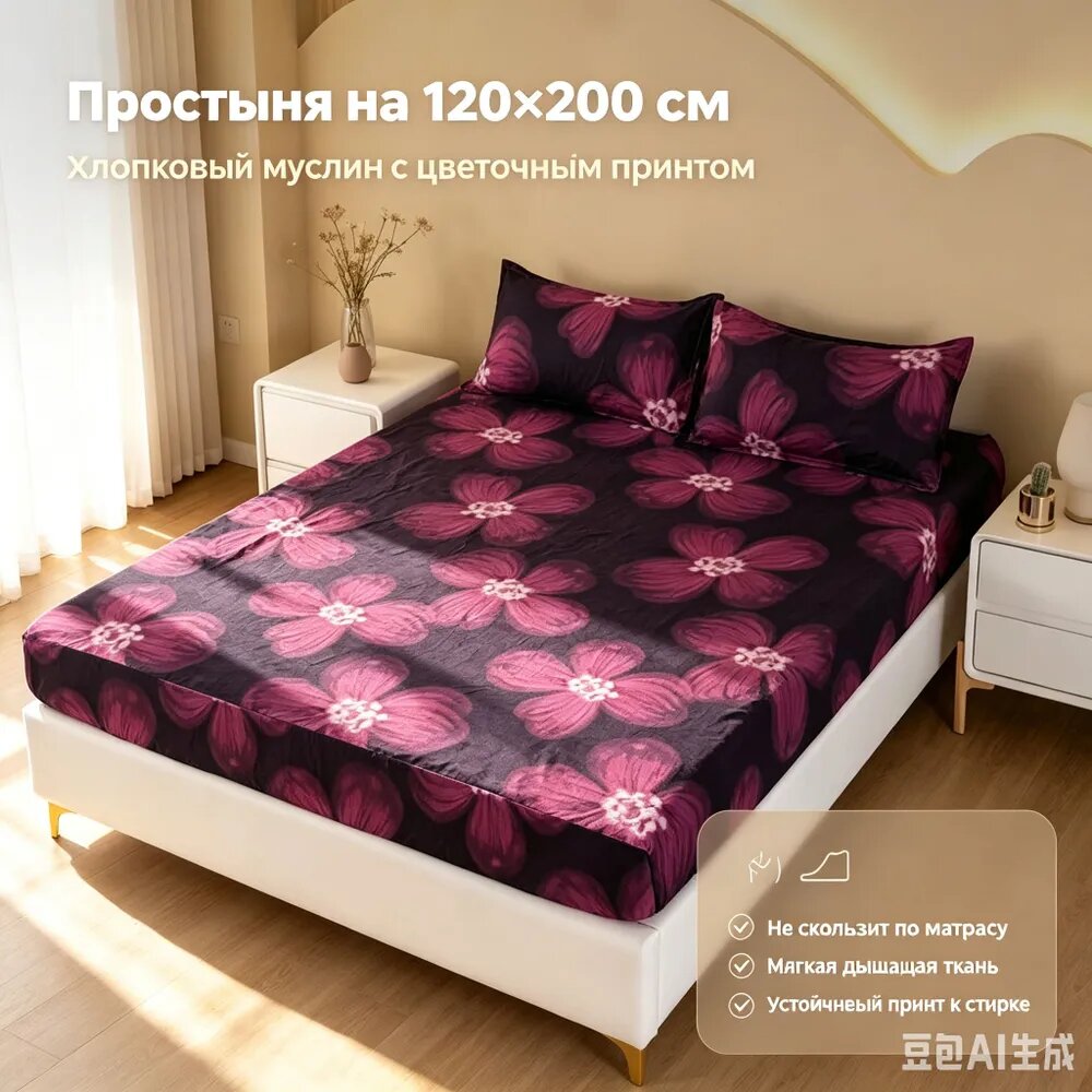 Простыня на резинке 120x200, 90x200 см муслин, разноцветный однотонный