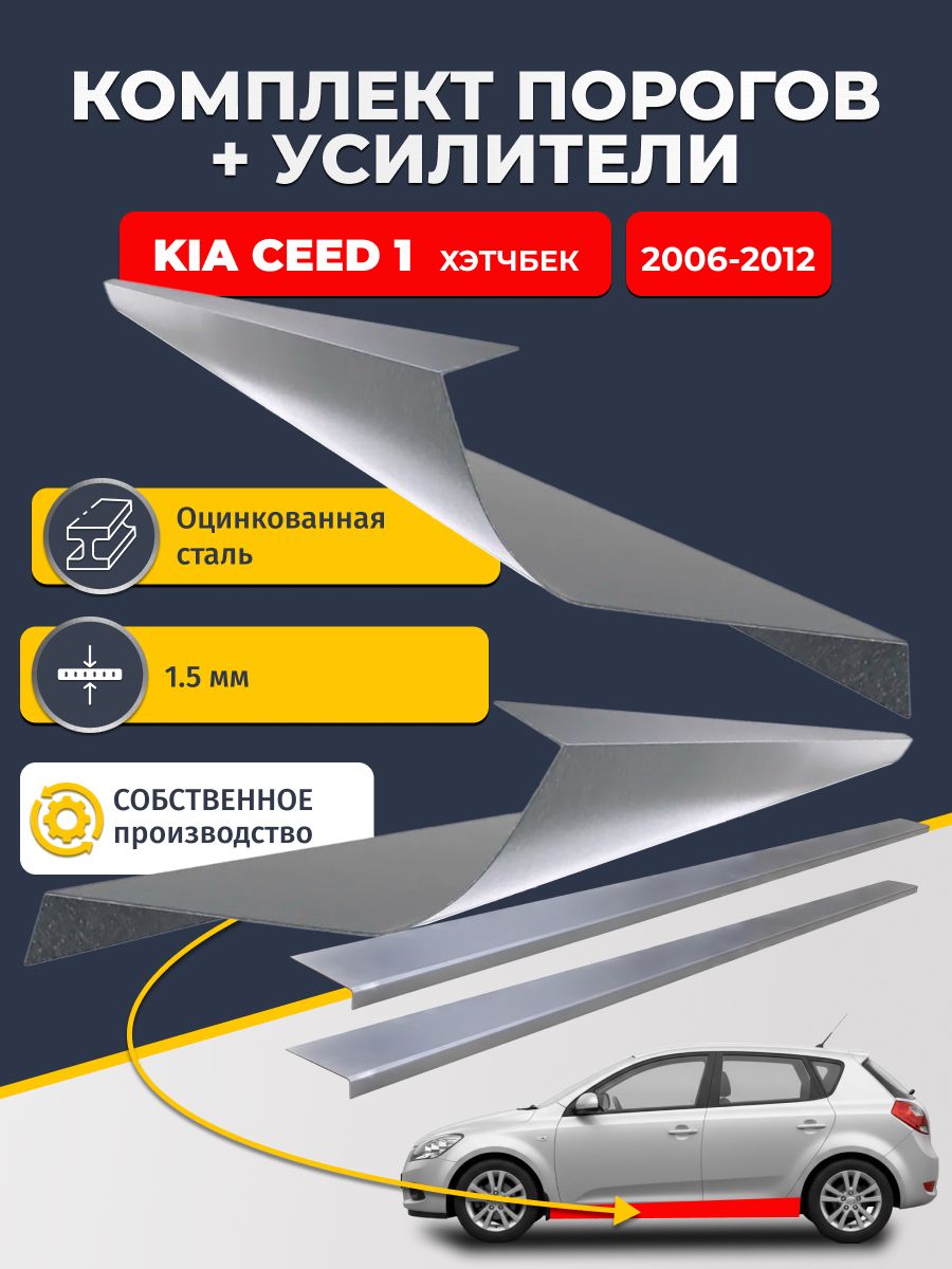 Ремонтные пороги комплект (2 шт.) и усилители (2 шт.), для Kia Ceed 1 2006-2012 хэтчбек 5 дв, оцинкованная сталь 1.5 мм. (Киа Сид 1), пороги и усилители. Кузовной ремонт.
