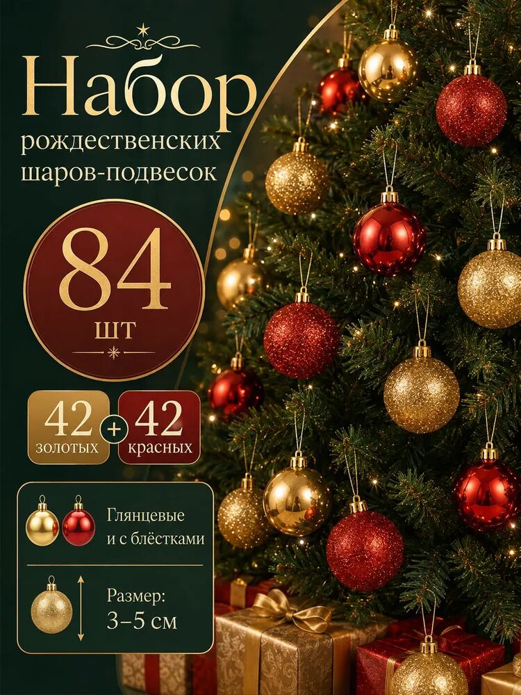 Набор рождественских шаров-подвесок 84 шт, золотые и красные, 3-5 см, глянцевые и с блестками