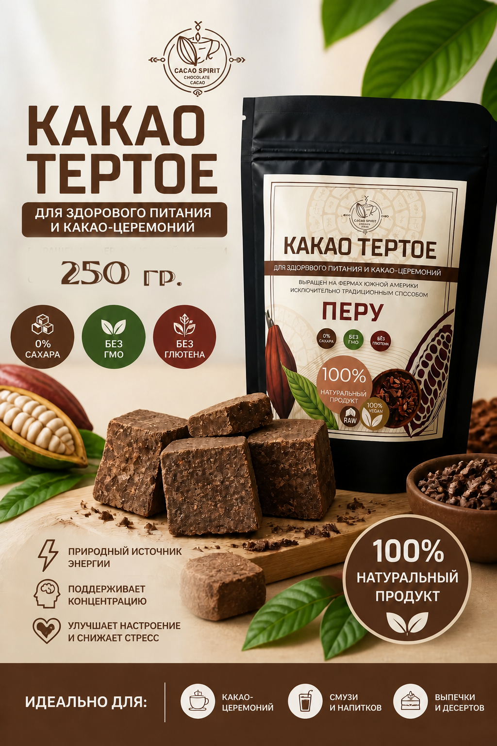 Какао тертое натуральное Криолло из перу / Здоровое питание / Церемониальное какао без сахара 500 г