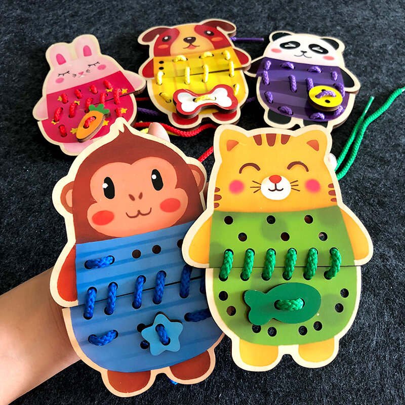 Деревянная игра-головоломка с животными для нанизывания и одевания - обучающая доска для раннего развития детей 3 лет
