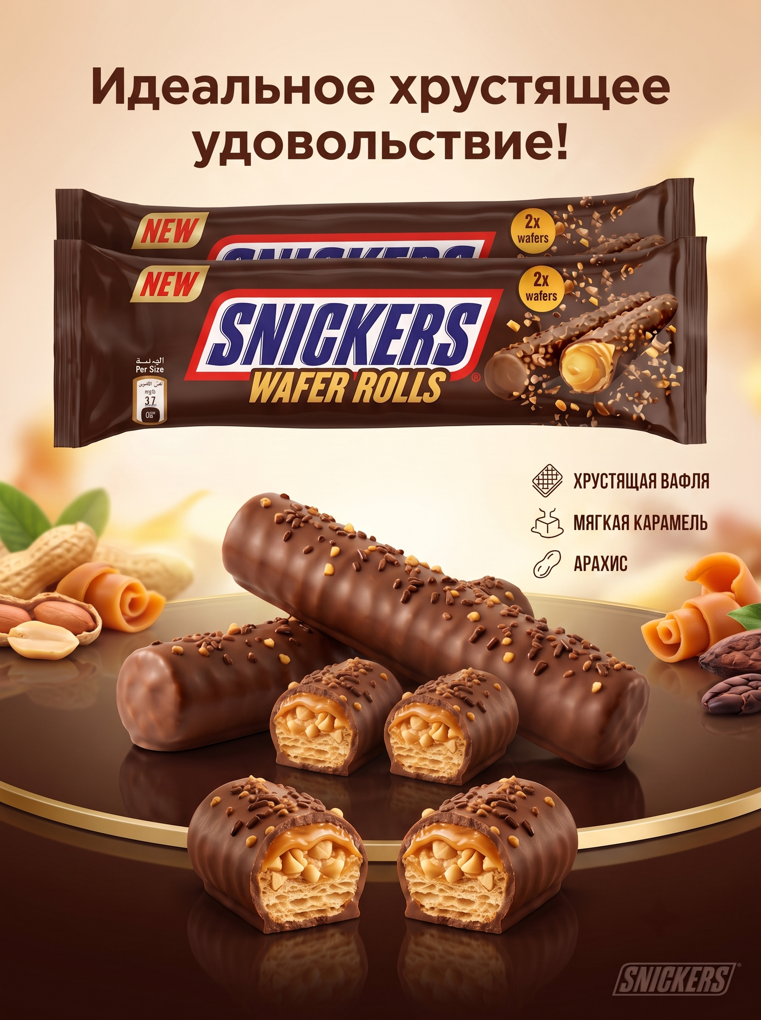 Шоколадные вафельные трубочки Snickers Wafer Rolls, 22,5г х 2шт (Египет)