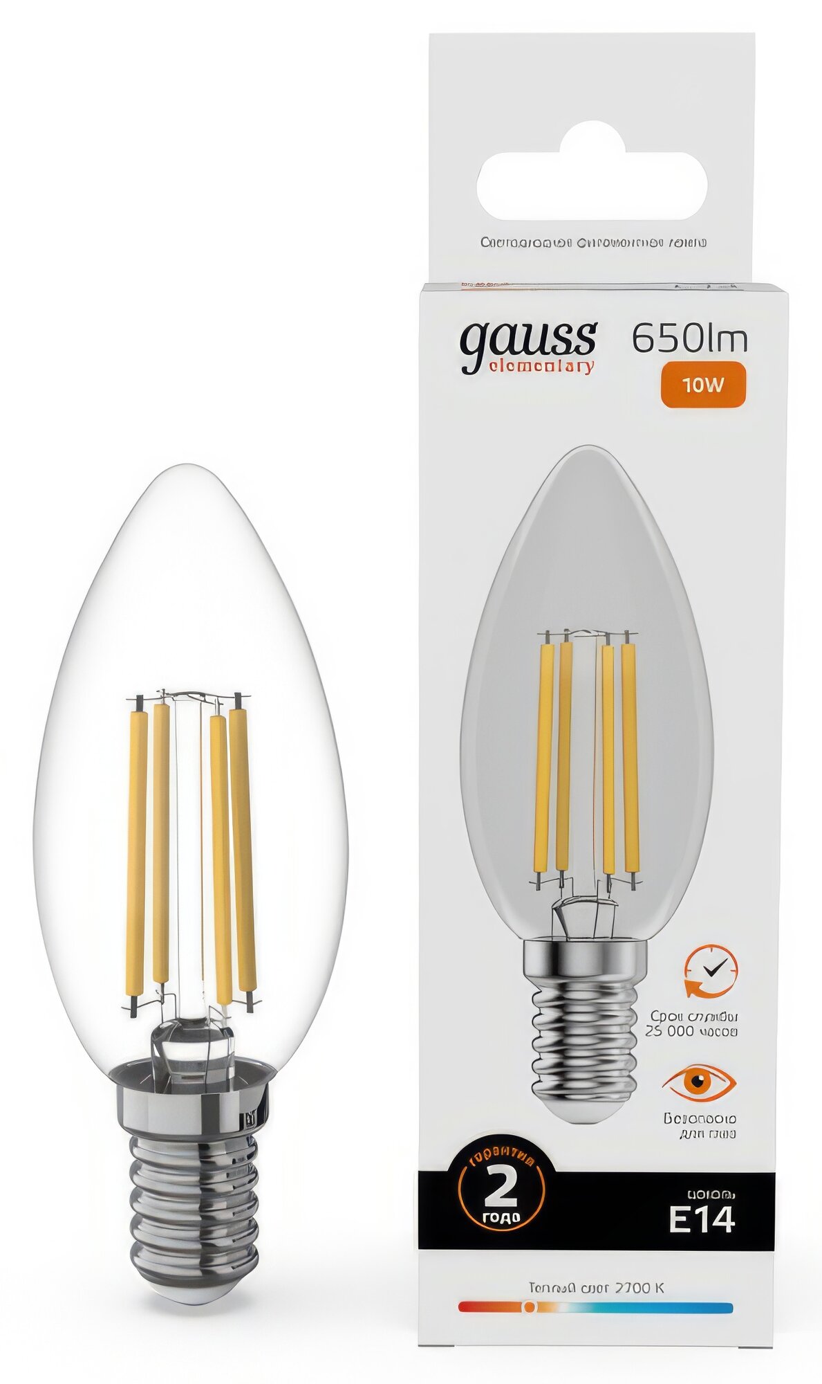 Лампа филаментная GAUSS Filament Elementary 10Вт Е14 LED 650Лм 2700К свеча