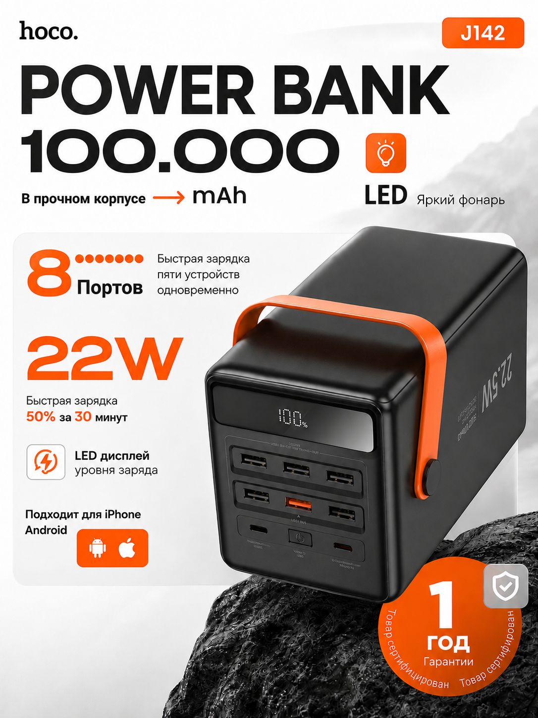 Hoco 22.4w Повербанк 100000mAh с быстрой зарядкой и фонариком. Внешний аккумулятор для ноутбука.