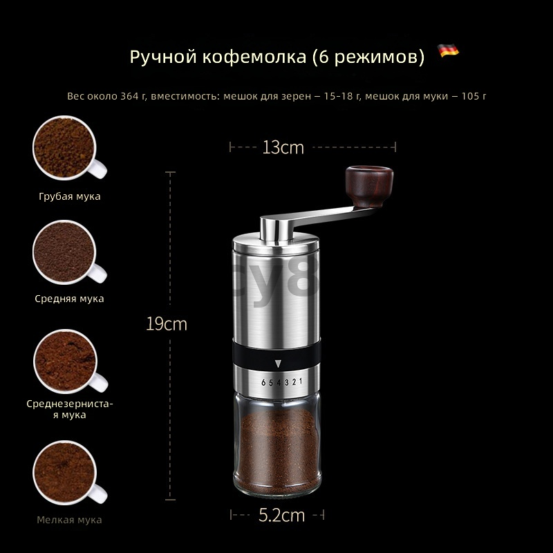 Ручная кофемолка с керамическими жерновами (мельница) для дома,6 передач: ручная шлифовальная машина