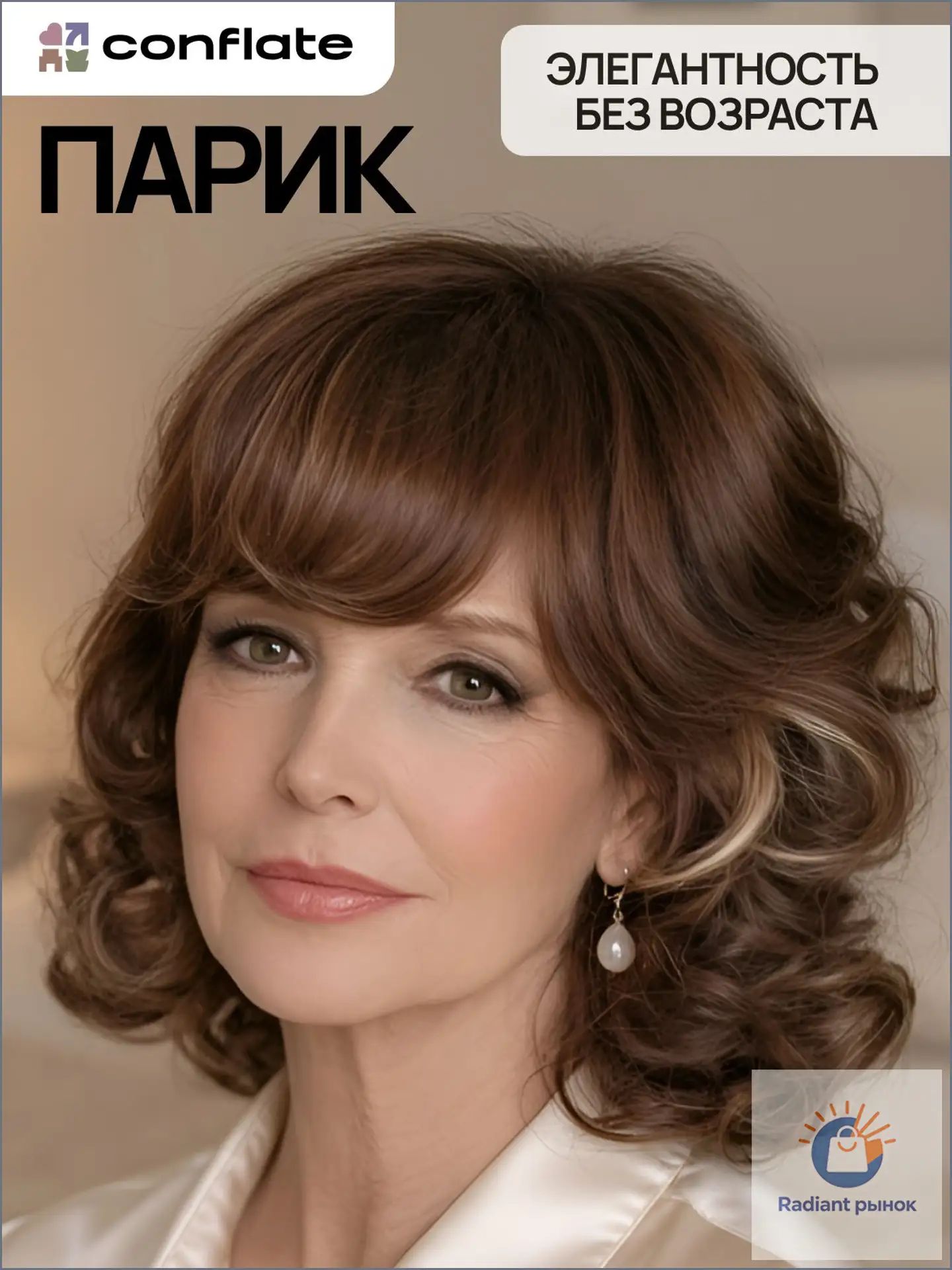 Парик женский каре-кудри с челкой, коричневый Conflate