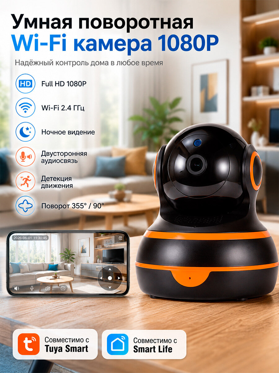 Камера видеонаблюдения wifi 1080P с поворотом, ночным видением и двусторонним аудио