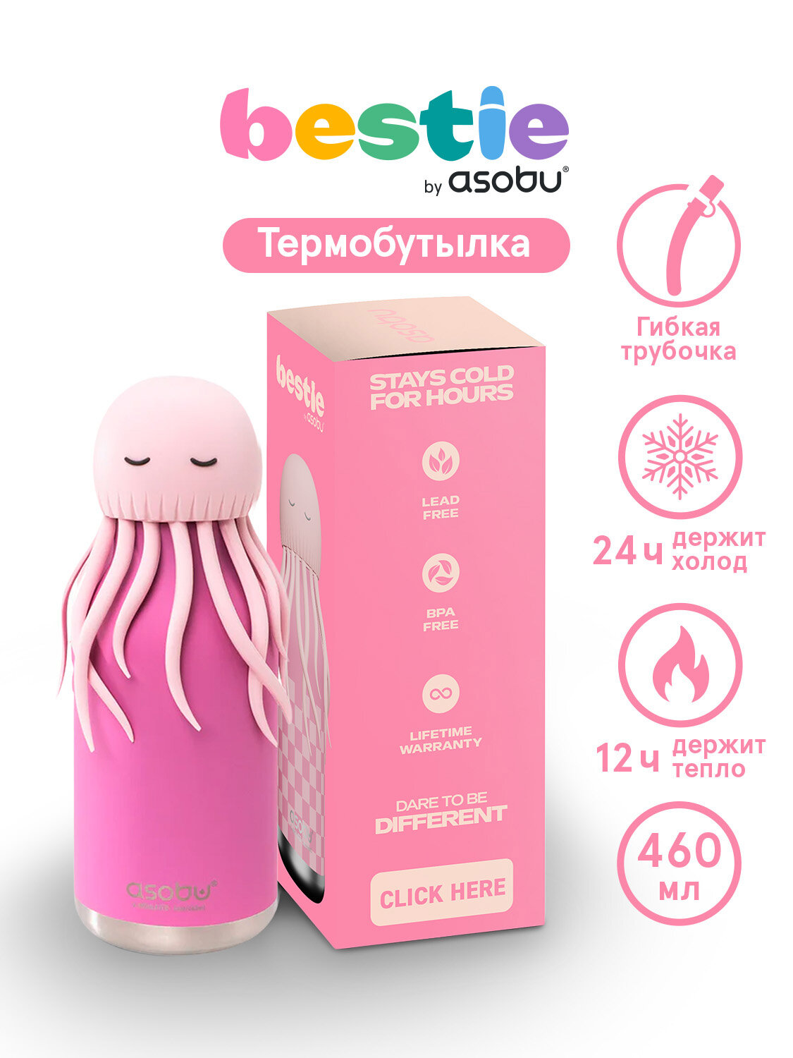 Термос для воды с трубочкой ASOBU Bestie Медуза 460 мл