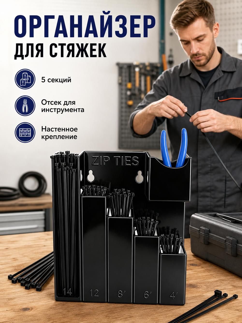 Органайзер для стяжек, 5 отделений, для мастерской, черный