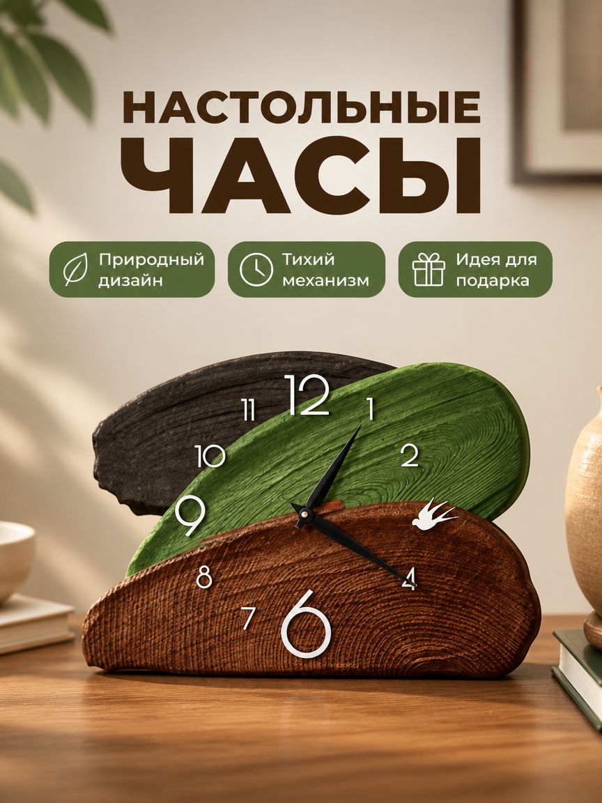 Настольные часы с тихим ходом, 30 20 см, верхняя панель угольно-серая под дерево, зеленые стрелки