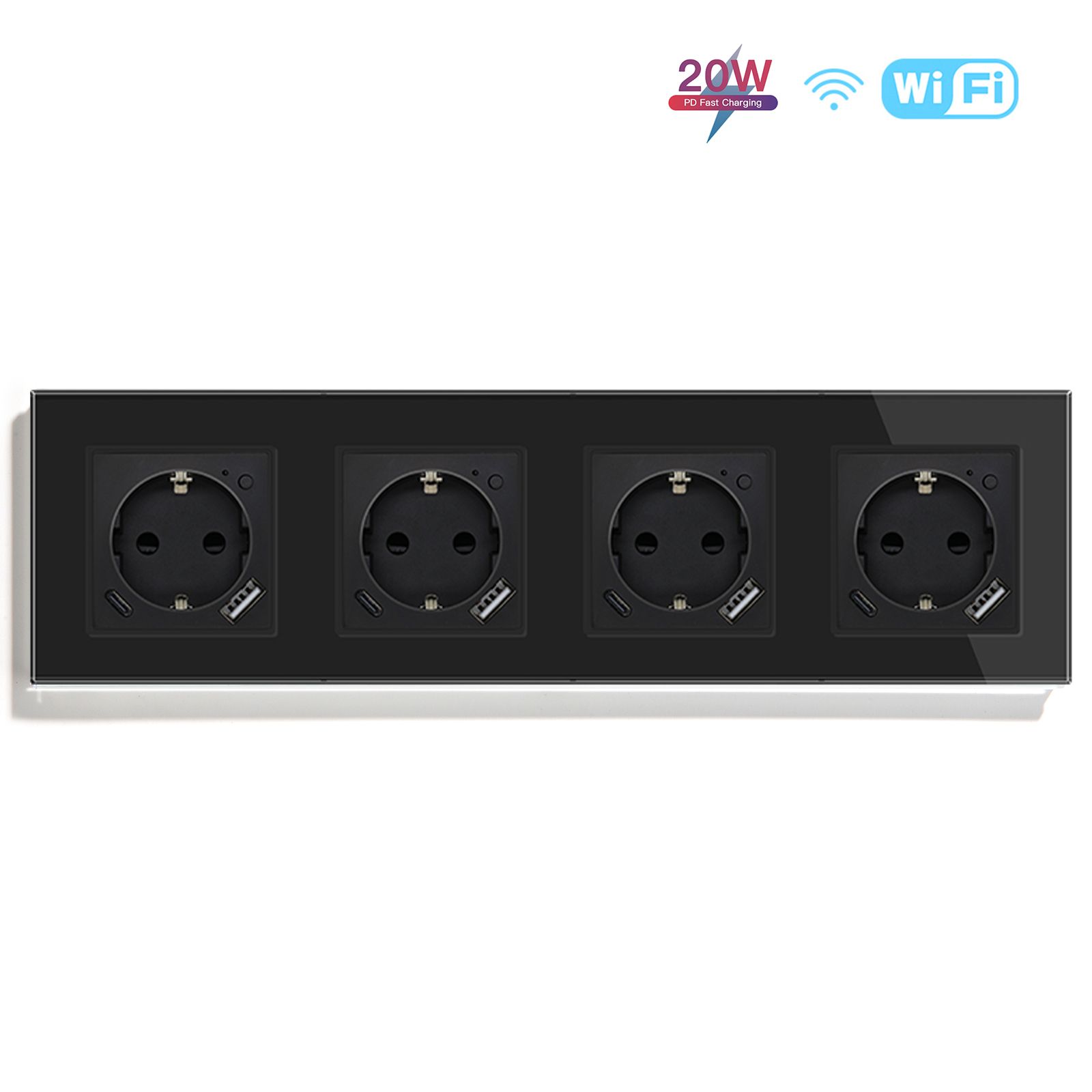 Розетка Умная WiFi четырехпостовая с USB и type-C входами, быстрая зарядка 20W, с мониторинг потребления, рамка стекло Черная