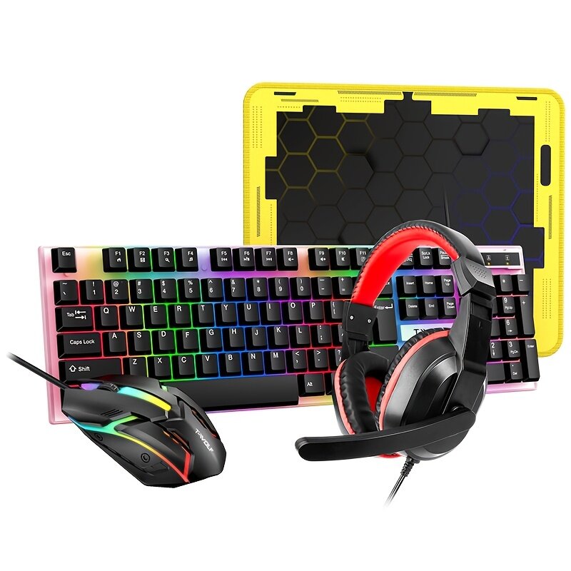 Игровой комплект 4-в-1: проводная клавиатура с RGB-подсветкой, мышь с RGB-подсветкой, гарнитура с микрофоном (драйвер 40 мм), большой коврик для мыши, цвет: черный