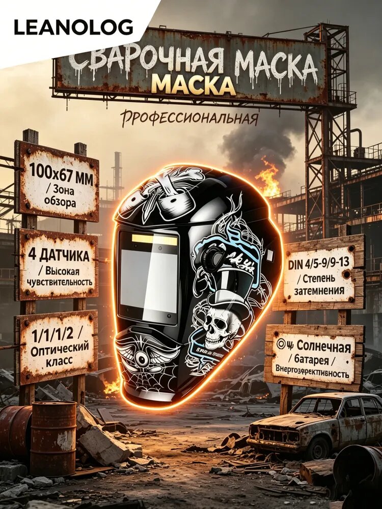 Маска сварочная Хамелеон , размер визира 100x67 мм, степень затемнения DIN 5-9 и DIN 9-13, универсальная