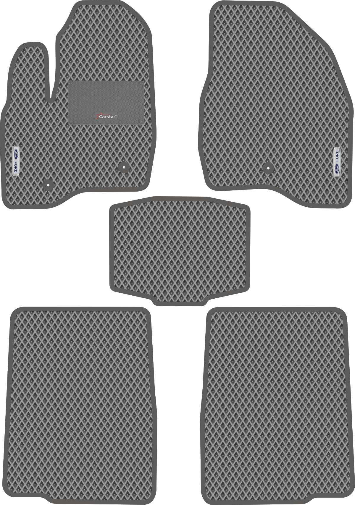 Автомобильные коврики EVA для Ford Explorer V дорестайл (2010-2015), с каучуковым подпятником и 2 эмблемами Ford, серые с серым кантом, ячейка - ромб