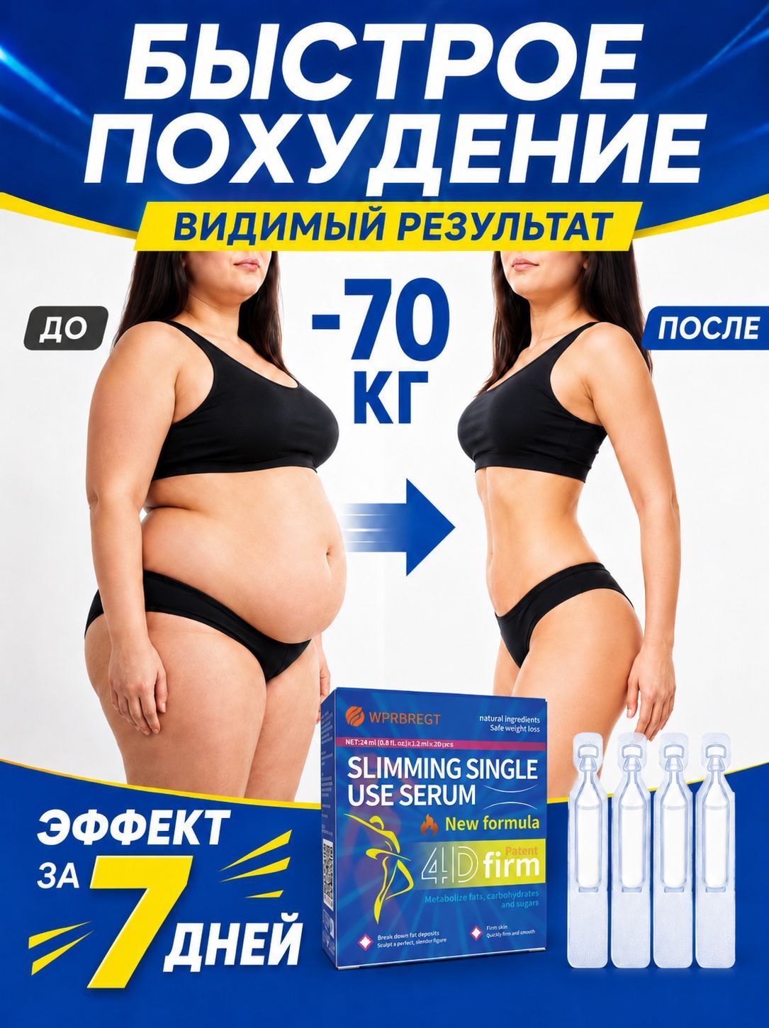 Быстрое похудение и сжигание жира, ускорение метаболизма, без спорта и диет, подтягивающая сыворотка для коррекции фигуры в ампулах, 24 мл