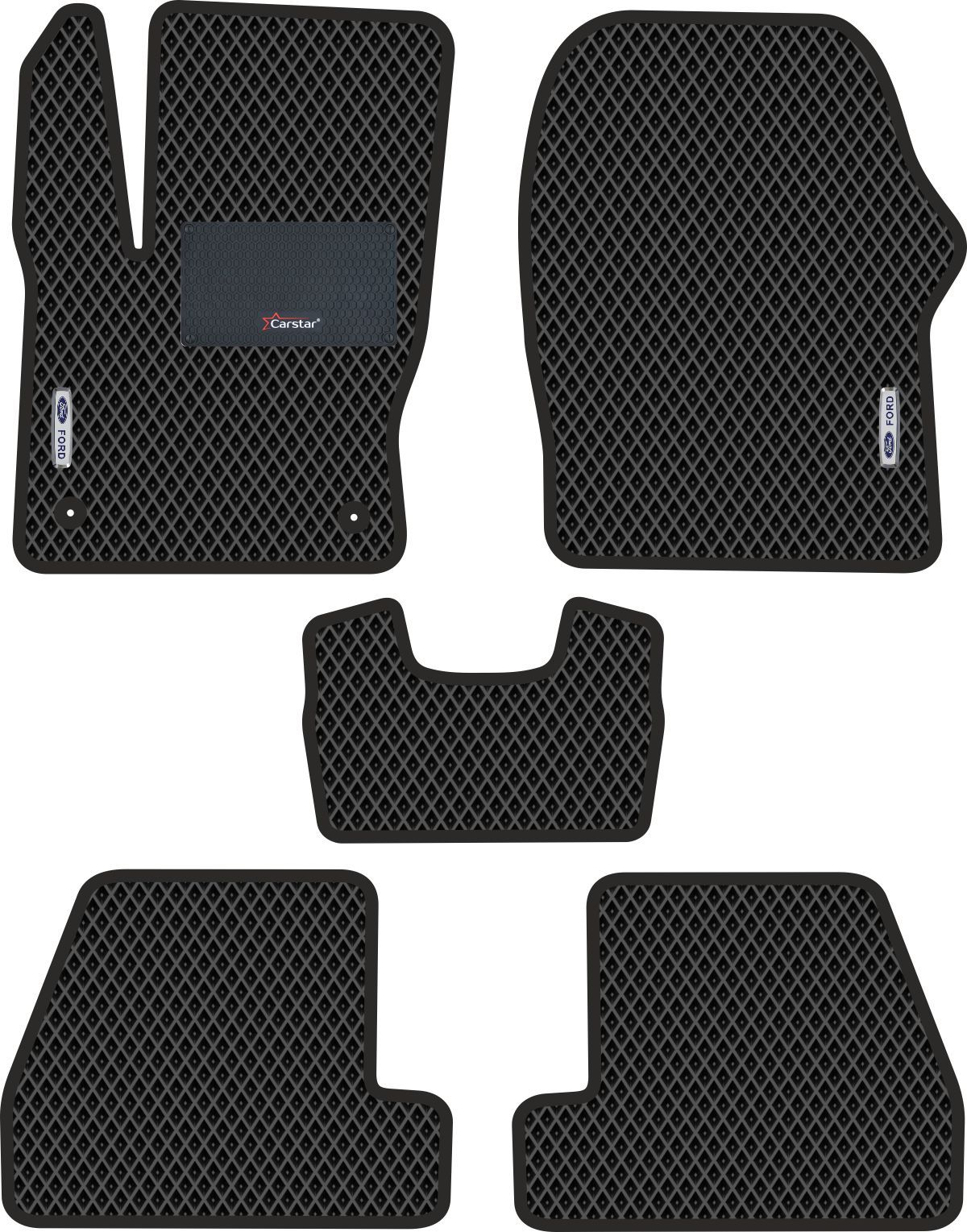 Автомобильные коврики EVA для Ford Focus III дорестайл (2011-2015), с каучуковым подпятником и 2 эмблемами Ford, чёрные с чёрным кантом, ячейка - ромб