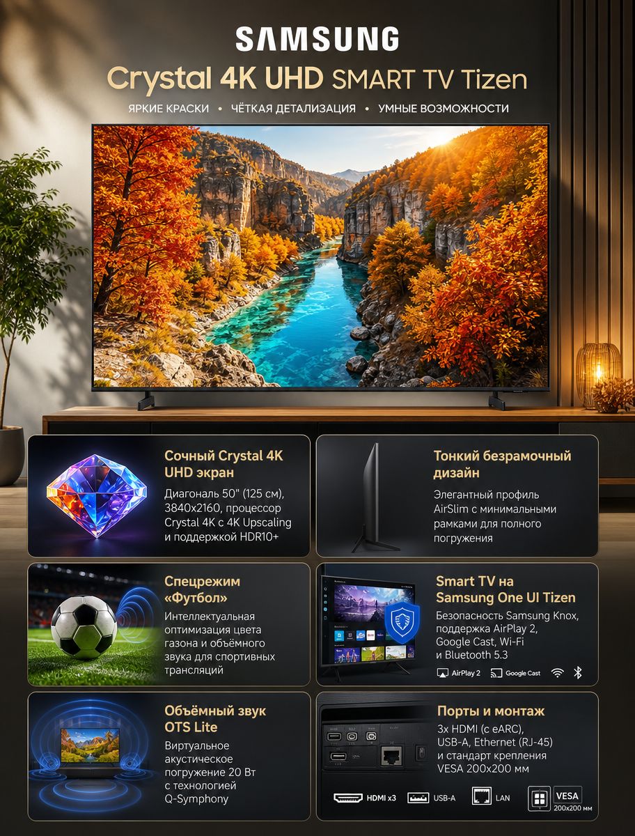 Телевизор Samsung UE50U8000HUXPY 50" 4K UHD, Smart TV, черный