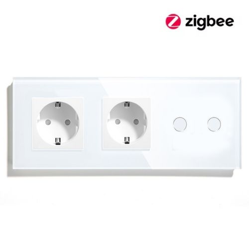 Розетка с cенсорный выключатель, Zigbee Переключатель,2 Обычные розетки, Нужен нейтралитет, панель стекло Белый,228mm