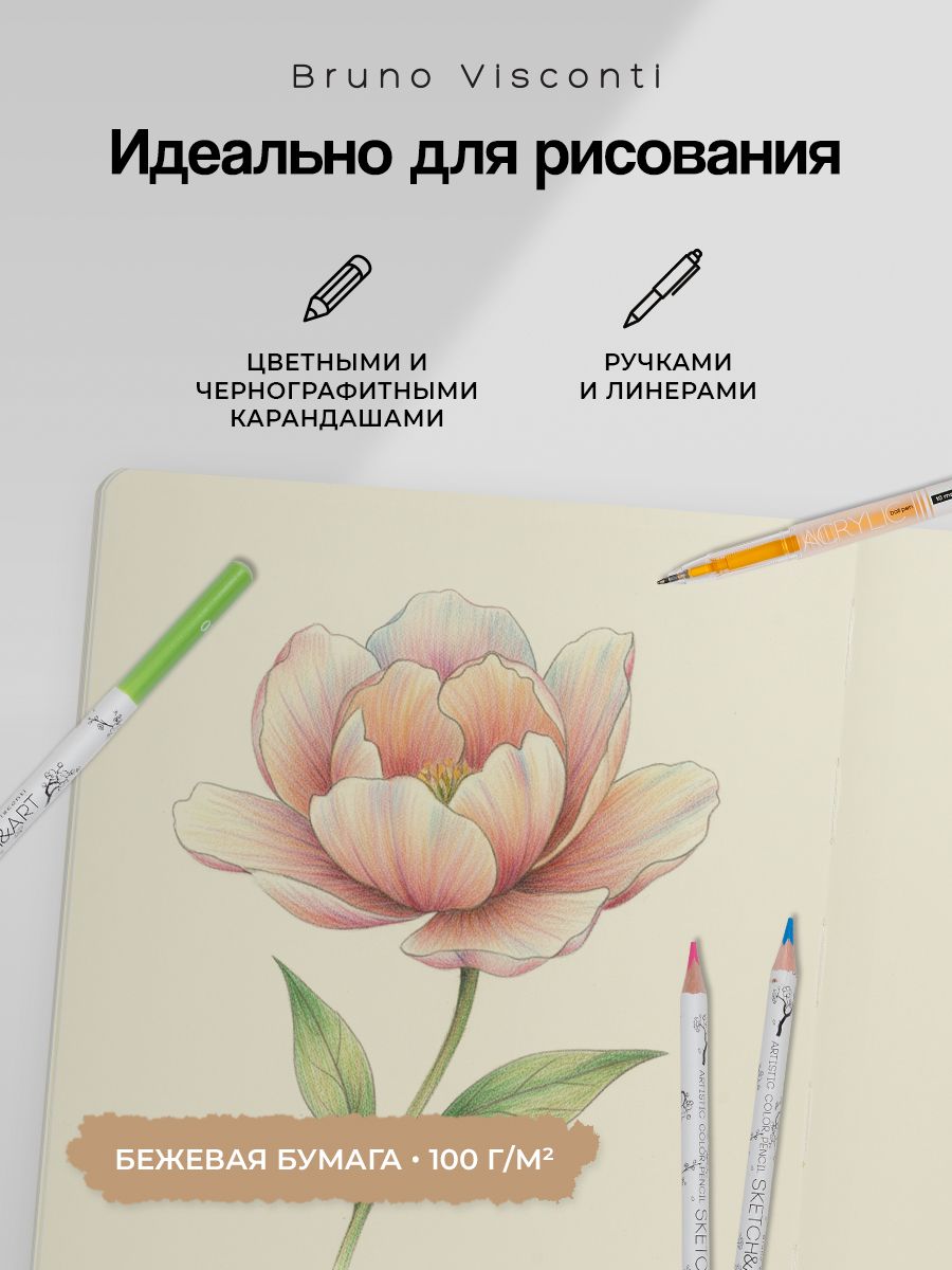Скетчбук для рисования эскизов / блокнот для скетчинга Bruno Visconti "SKETCH&ART", мятный А5 100 листов бежевая бумага 100 гр/м2, в мягком переплете