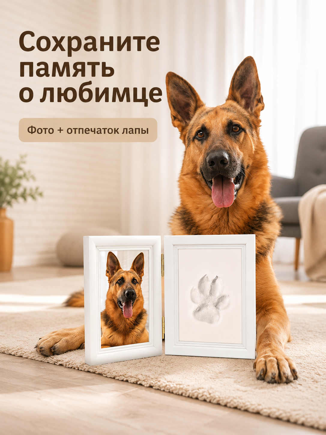 Складная фоторамка для фото и отпечатка лапы питомца, 2 секции, белая