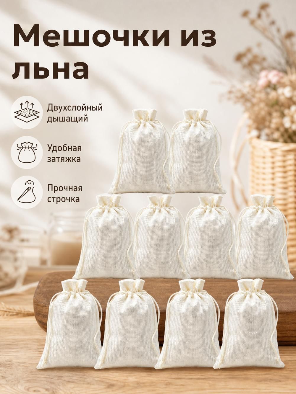 Тканевые мешочки для хранения, для подарков, льняные подарочные мешочки, 10 x 15 cm, 10 шт.