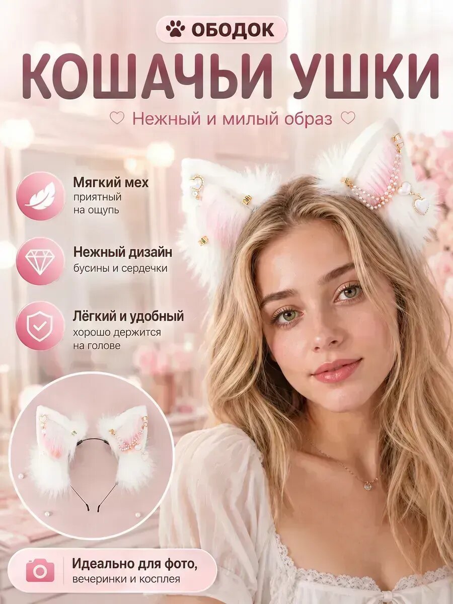 Ободок кошачьи ушки с кисточками для косплея