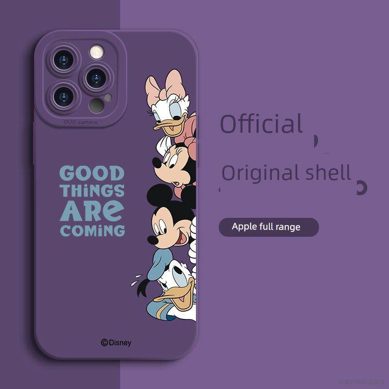 Силиконовый чехол для iPhone 15 Plus с дизайном Диснея (Микки и Дональд), темно-фиолетовый, защита камеры, мягкий