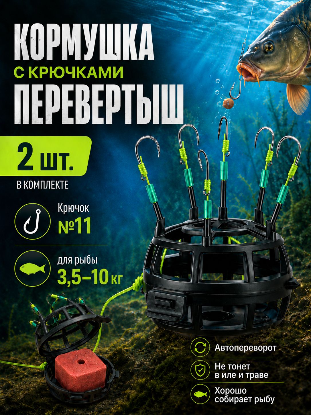 360 плавающая донная кормушка с 6 крючками #11 (2 шт) для ловли карпа, тилапии и сомов идеальный фидерный монтаж для рыболовов.