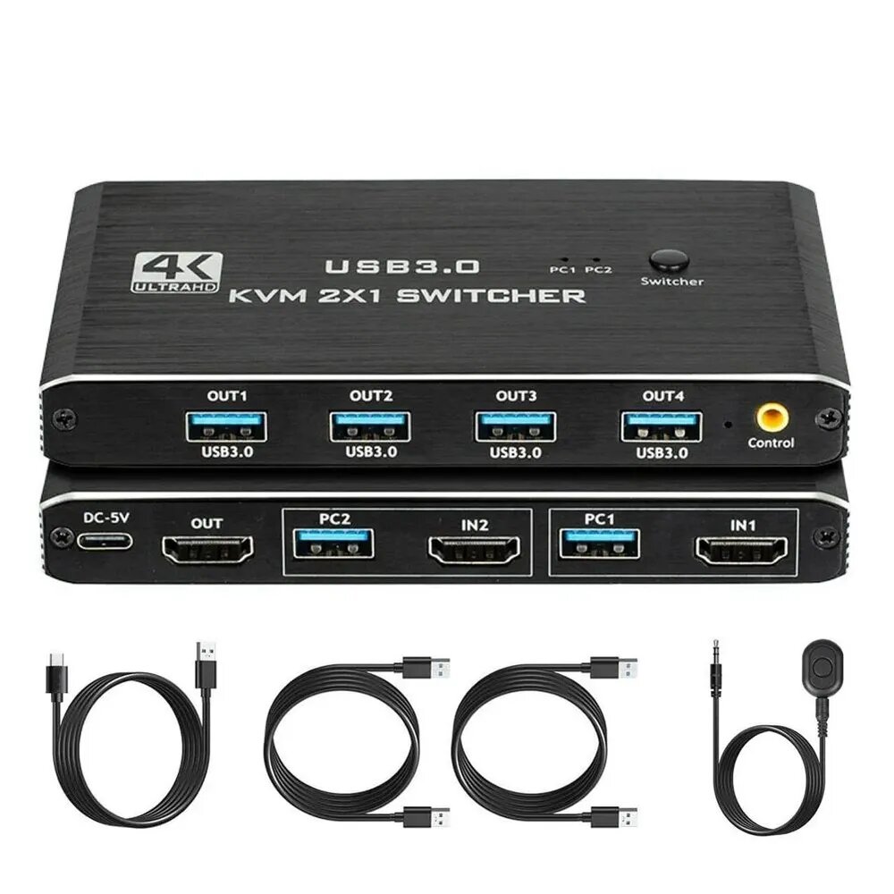 Переключатель USB 3.0 KVM для 2 ПК / 1 HDMI монитор, клавиатура, мышь и принтер, поддержка 4K@60Hz, алюминиевый корпус, с пультом