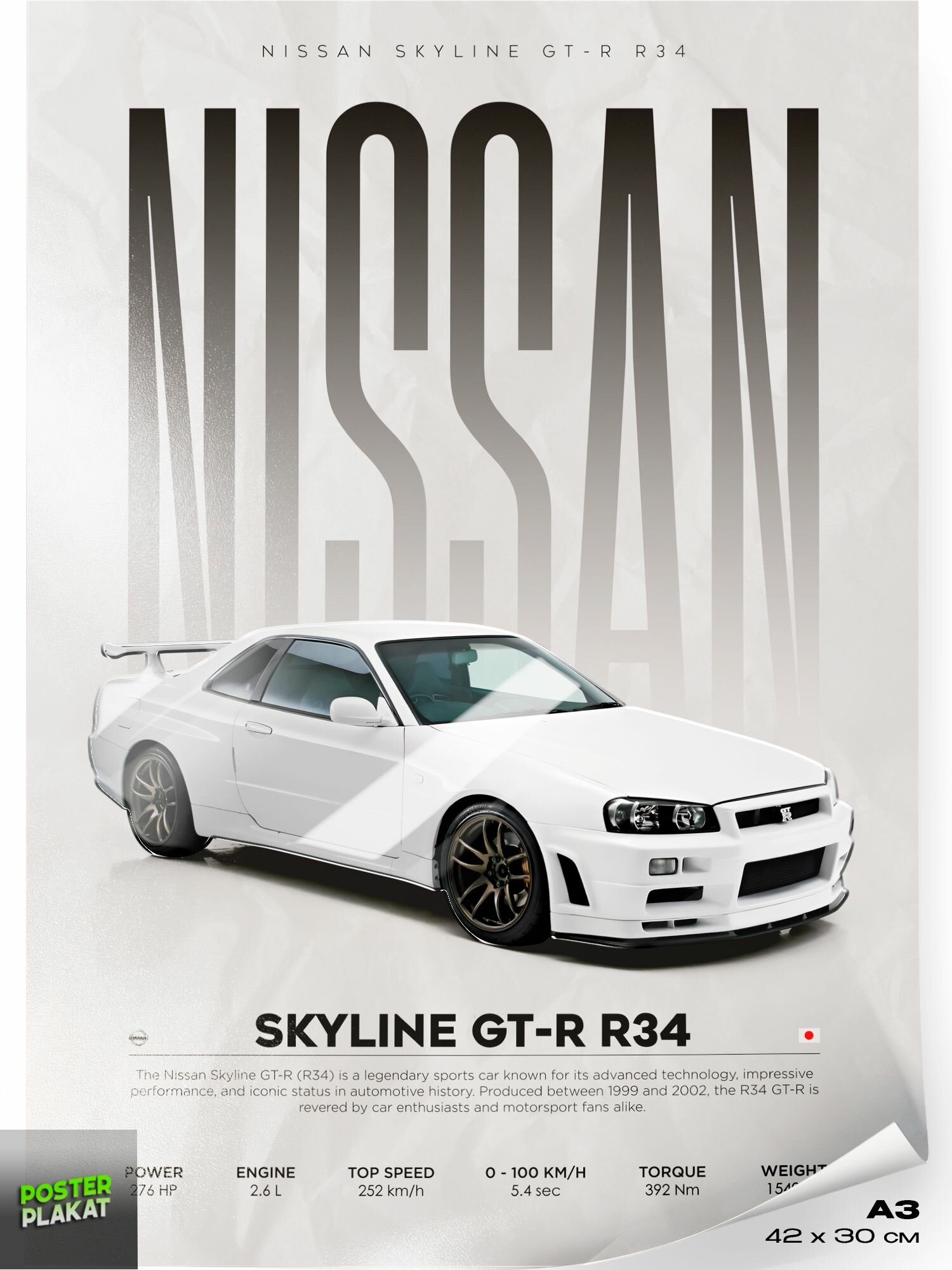 Постер на стену с машинами, Nissan Skyline R34 GT-R, японский авто Ниссан Скайлайн Р34, для интерьера, А3 (420х297 мм), Постер Плакат