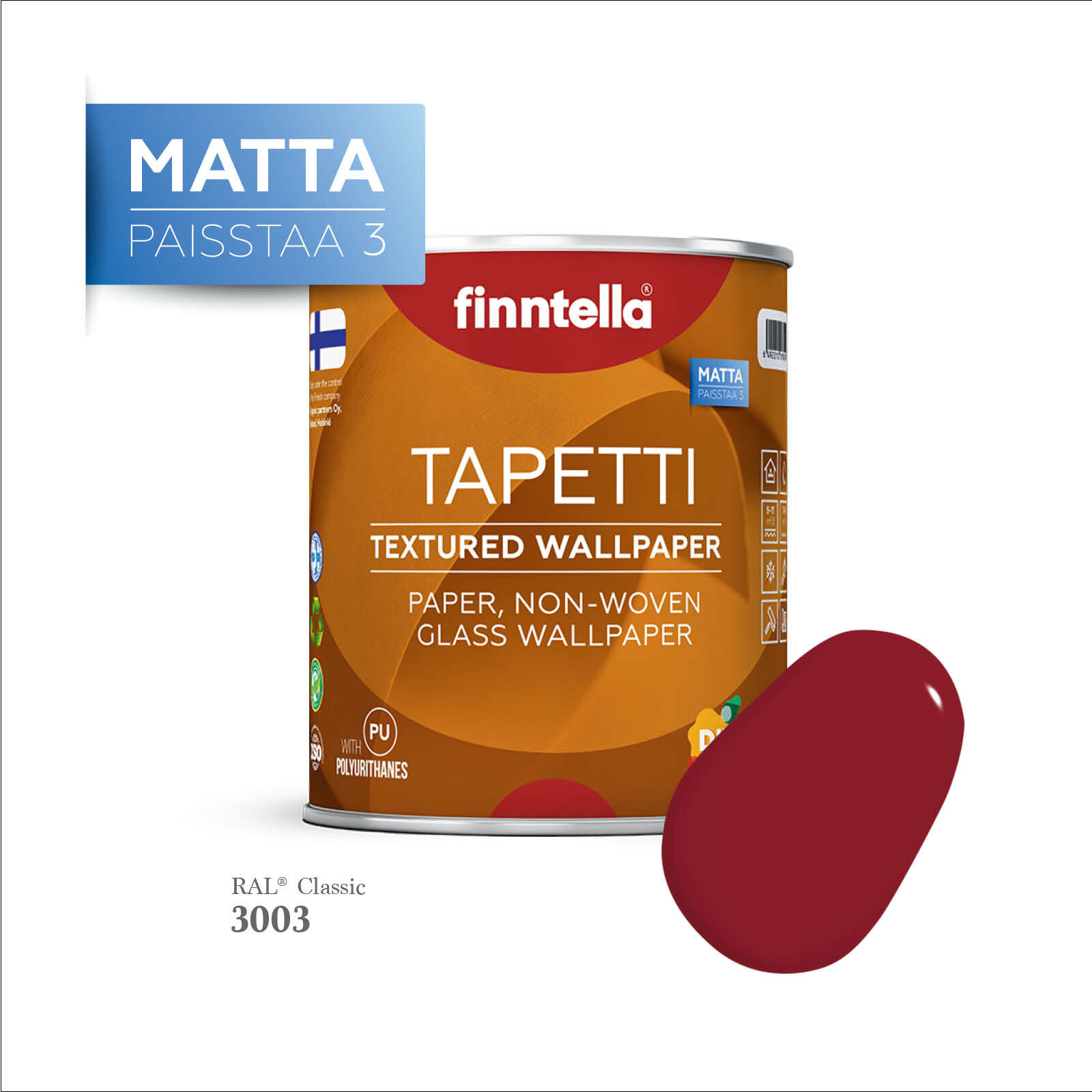 Матовая краска для обоев под окраску TAPETTI Matta FINNTELLA, Цвет RAL 3003 Рубиново-красный (Ruby red), 0,9л