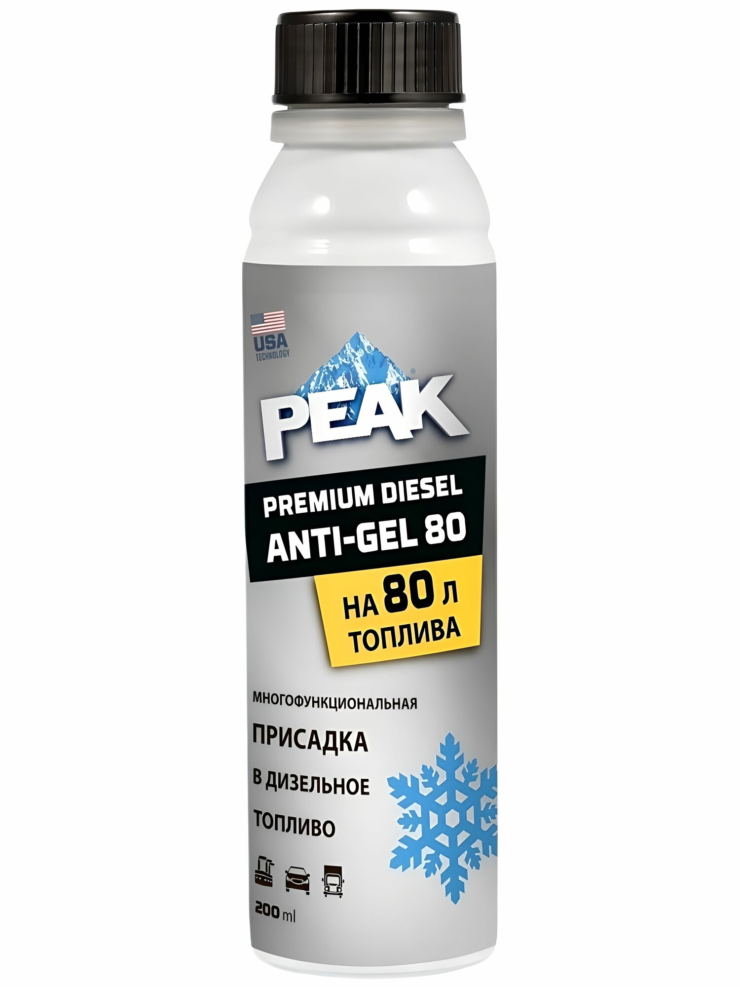 Антигель на 60-80л PEAK Premium Diesel ANTI-GEL 80 (200мл) для дизельного топлива + Цетан + Очищение форсунок + Смазывающие свойства
