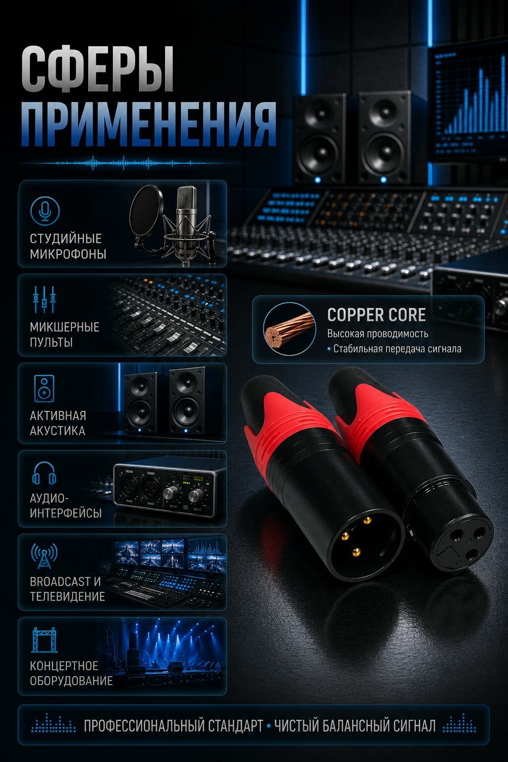 Разъем XLR 3 Pin под пайку, комплект XLR Male + XLR Female, Copper Core, металлический корпус, черно-красный, для микрофона и профессионального аудио