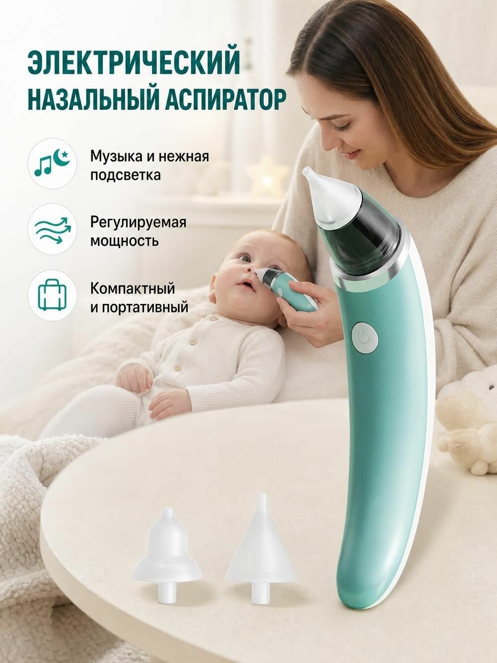 Аспиратор назальный электрический для новорожденных соплиотсос детский силиконовые насадки 1 шт.