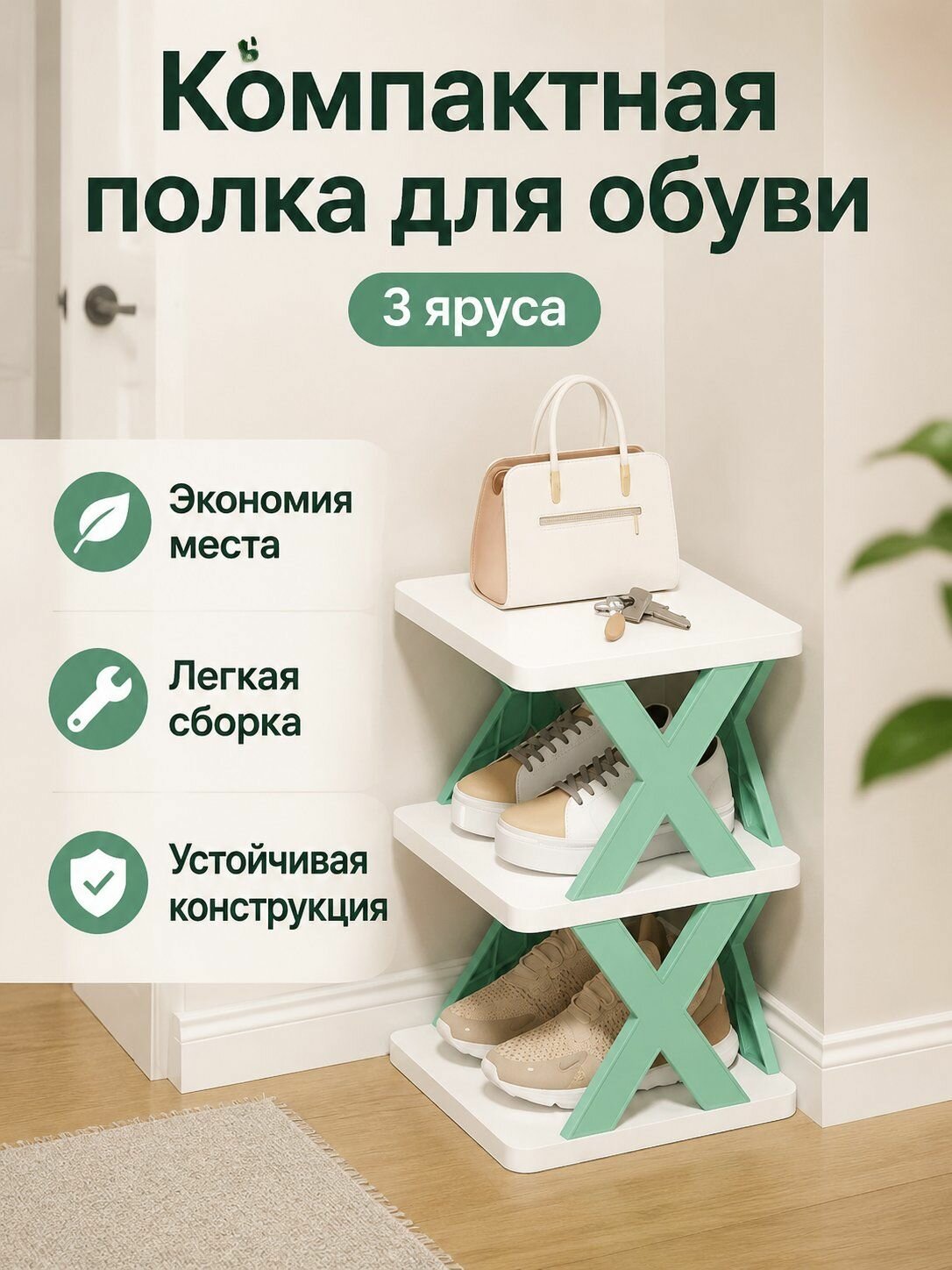 Полка для обуви в прихожую узкая 3-уровневая, Этажерка для обуви пластиковая. синяя, из ПП, для прихожей