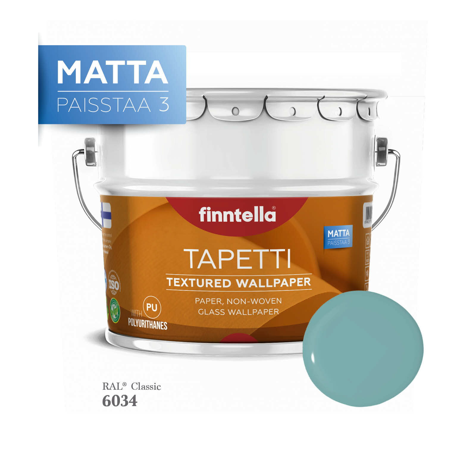 Матовая краска для обоев под окраску TAPETTI Matta FINNTELLA, Цвет RAL 6034 Пастельно-бирюзовый (Pastel turquoise), 9л