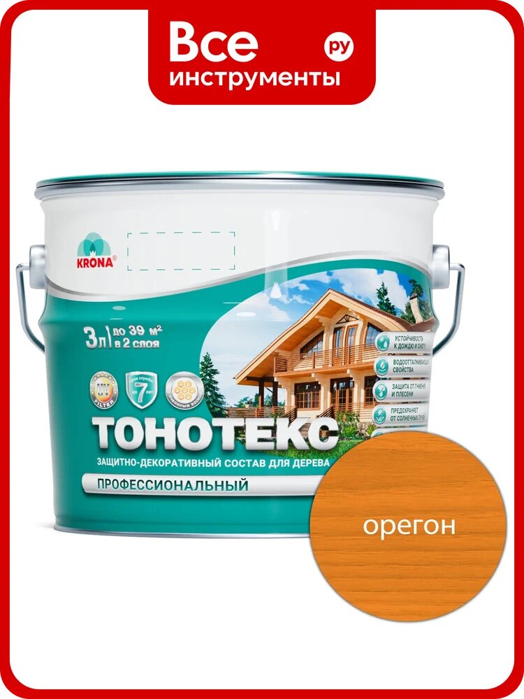 Защитно-декоративный состав для дерева KRONA Тонотекс (орегон; 3 л) 66332509