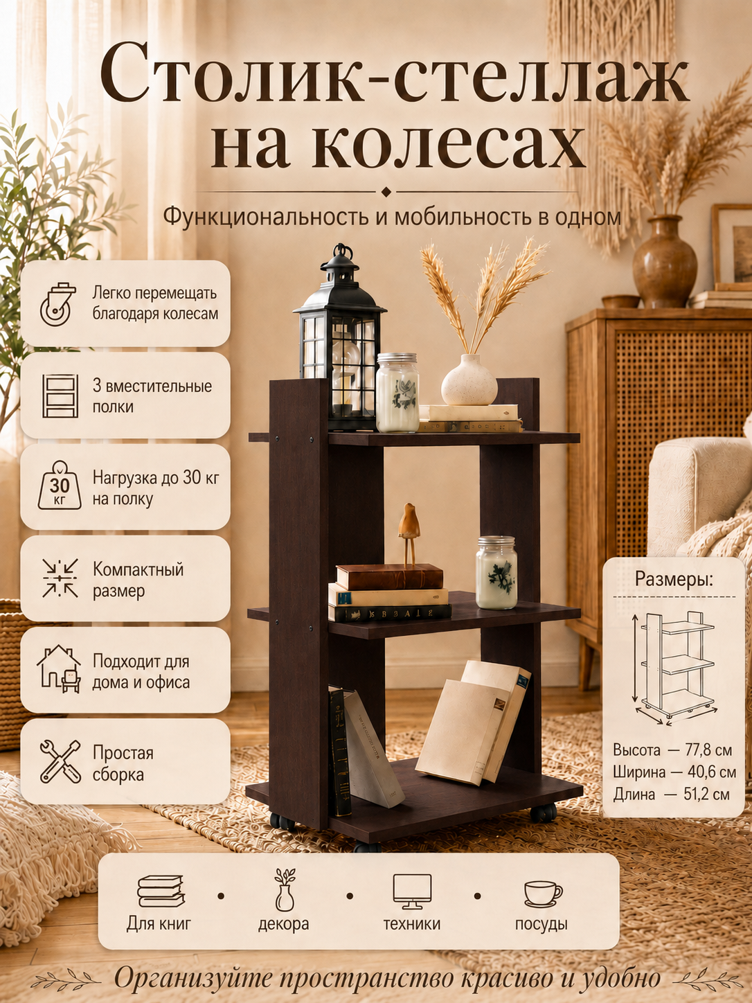 Столик-стеллаж на колесах с тремя полками