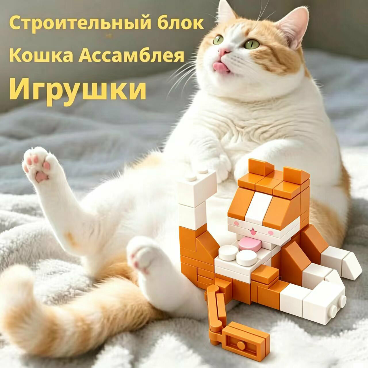 Набор фигурок животных в форме кошки, собранных из строительных блоков.