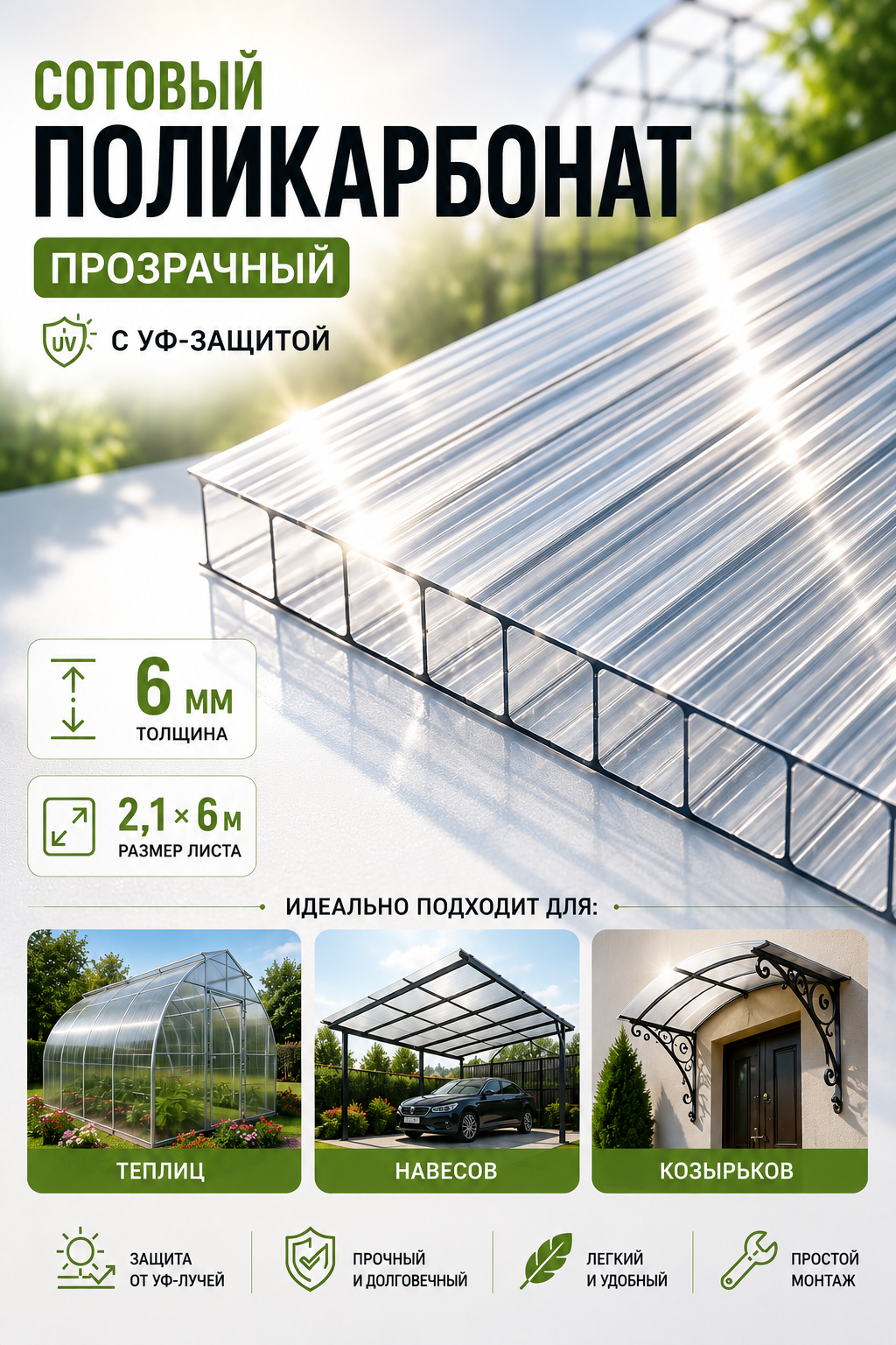 Сотовый поликарбонат прозрачный 6 мм, 2,1×6 м, с УФ-защитой для теплиц, навесов и козырьков