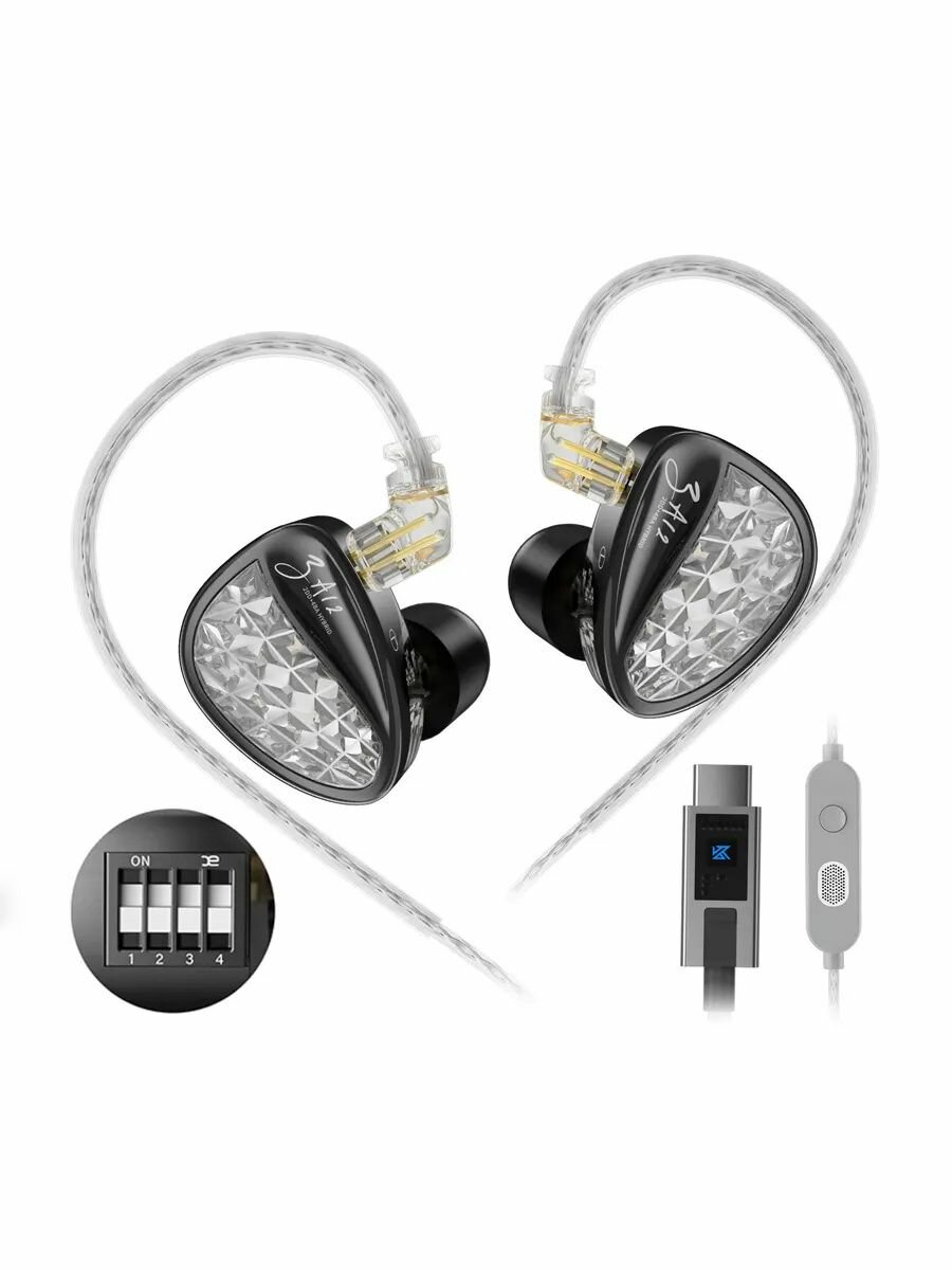 KZ ZA12 With Switches USB Type-C с микрофоном, черный/серебристый, проводные наушники