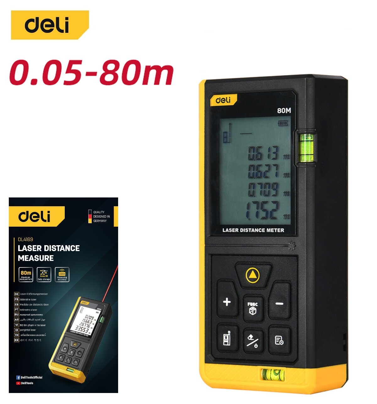Лазерный дальномер Deli DL4169 (Диапазон измерения 0,05-80м, точность 3мм, дисплей 1,7 дюймов, автоотключение)
