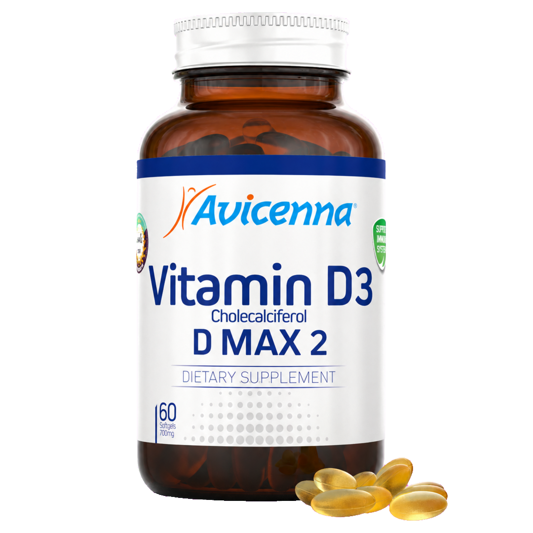 Витамин D3 D MAX 2 Avicenna® для поддержки иммунитета, костей и мыщц, 60 капсул
