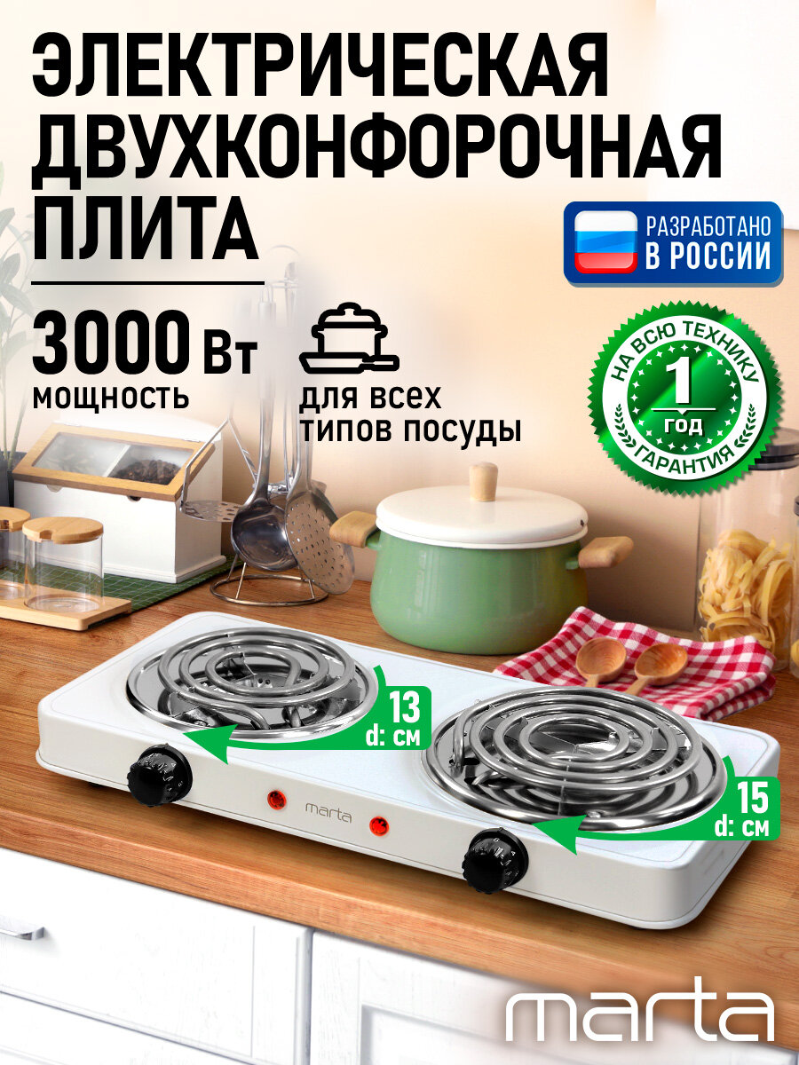Электроплита MARTA MT-HP4236A, нержавейка, 2 конфорки, белый