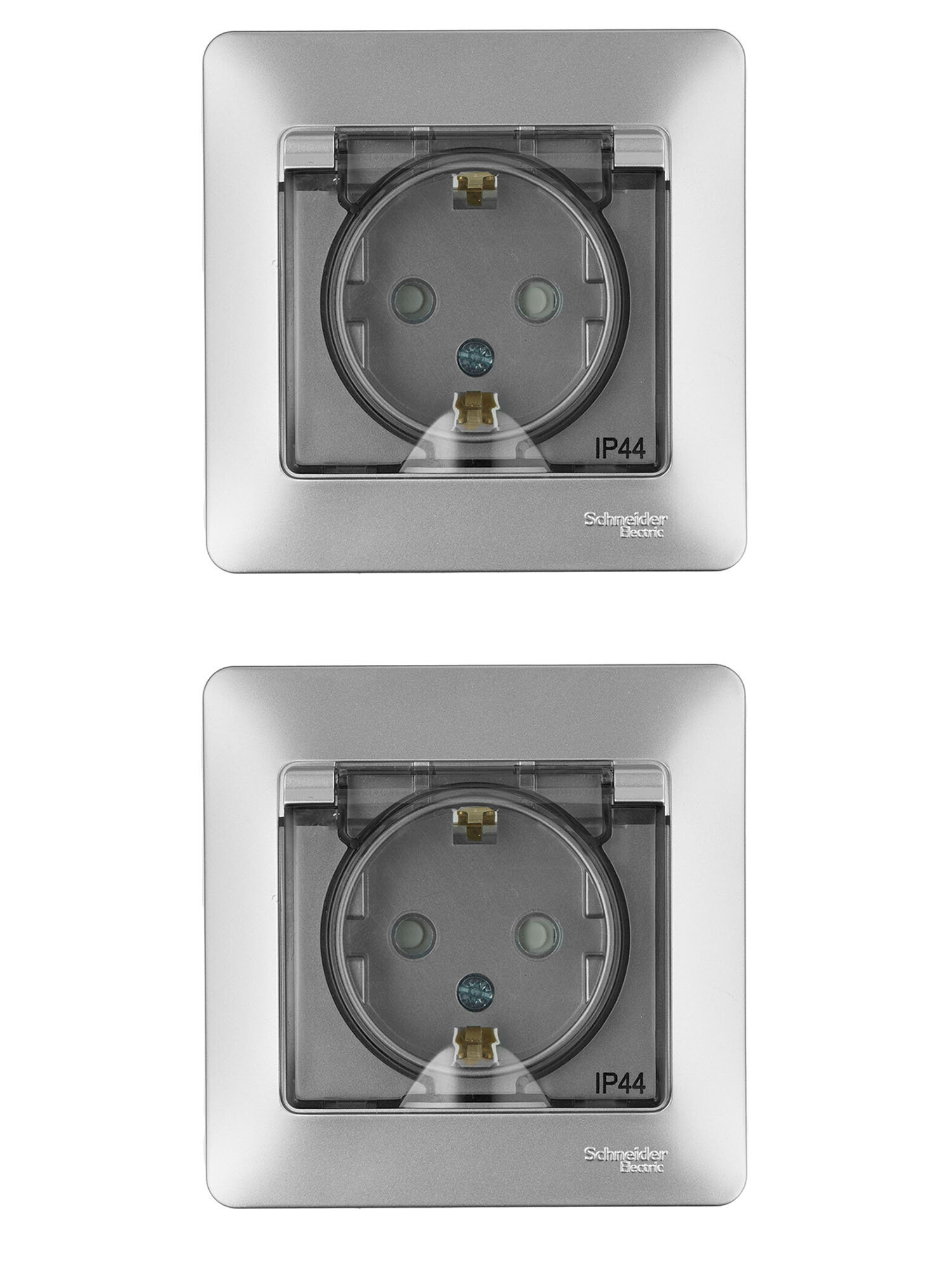 Розетка с рамкой Schneider Electric Glossa GSL000348 скрытая установка алюминий с заземлением IP44 со шторками с крышкой (2 шт.)