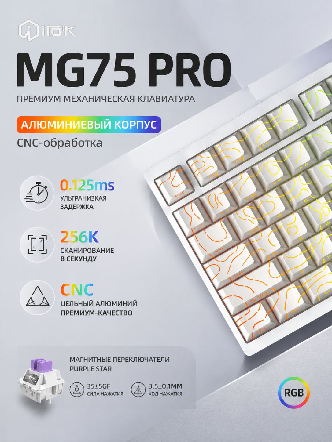 Металлическая магнитная клавиатура irok MG75 Pro RGB, механическая клавиатура с эффектом Холла (CNC-алюминий, Gasket Mount, Rapid Trigger 0.005 мм, 75%)