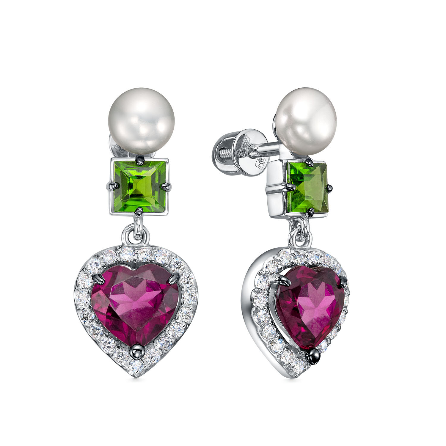 Серьги JEWELIN, белое золото, 585 проба, жемчуг, хромдиопсид, родолит, бриллиант