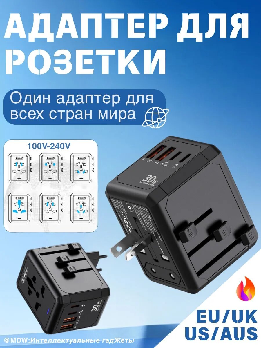 TC-07 Универсальный переходник для розеток всех типов / Сетевой адаптер для путешествий / EU/US/UK/RU (A C G I)