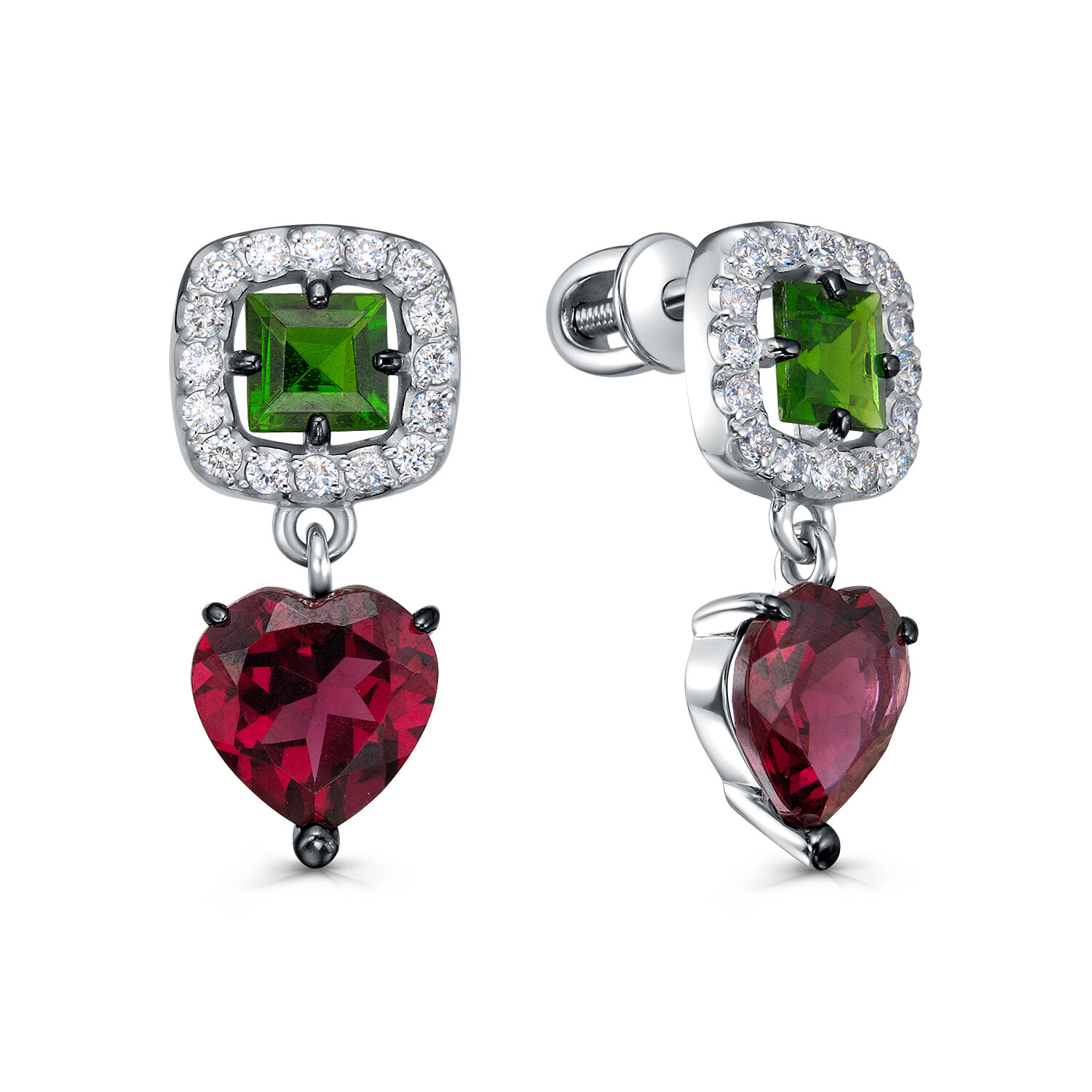 Серьги пусеты JEWELIN, белое золото, 585 проба, хромдиопсид, родолит, бриллиант